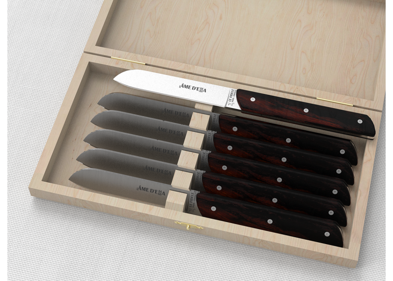 Set of 6 table knives with amourette wood handle and stainless steel blade