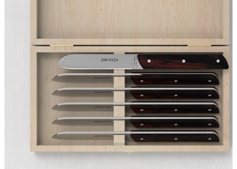 Set of 6 table knives with amourette wood handle and stainless steel blade